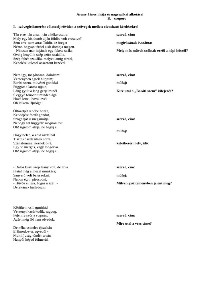 Magyar Irodalom 11. - I. Fejezet B | PDF