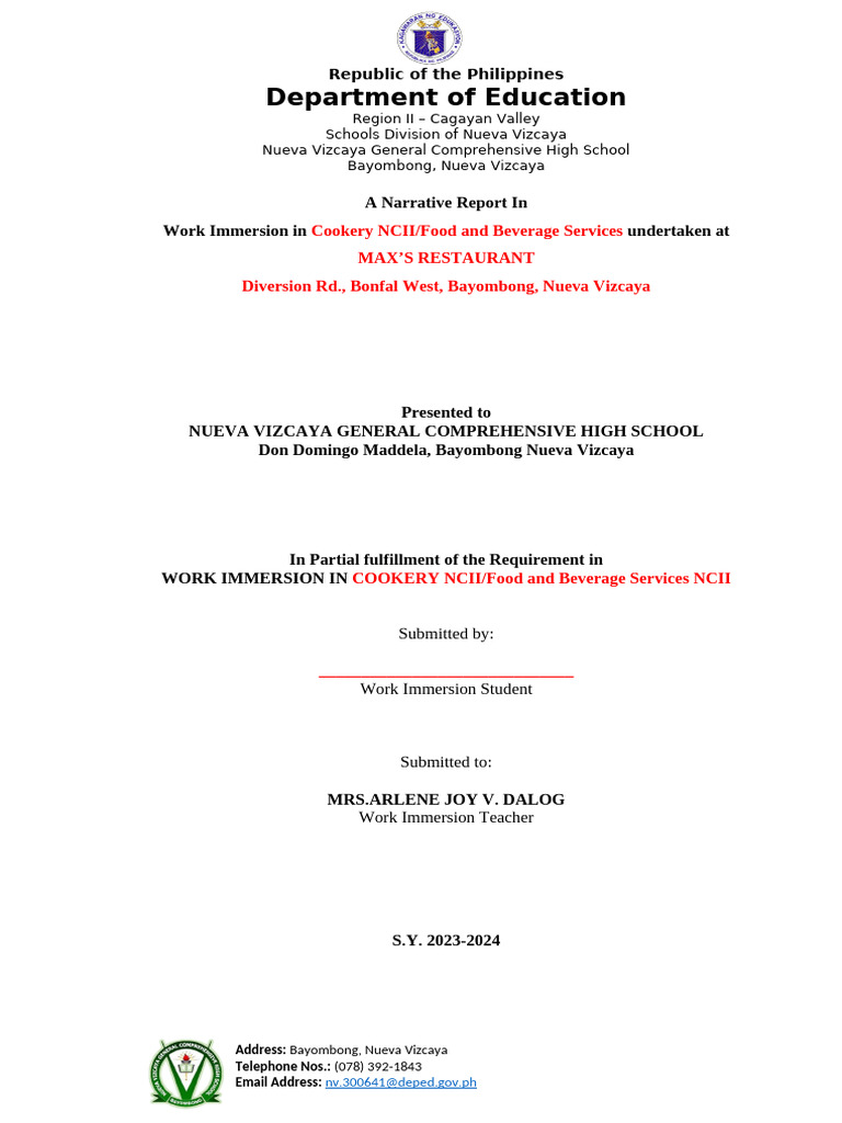 Narrative Report in Work Immersion Template 1 | PDF