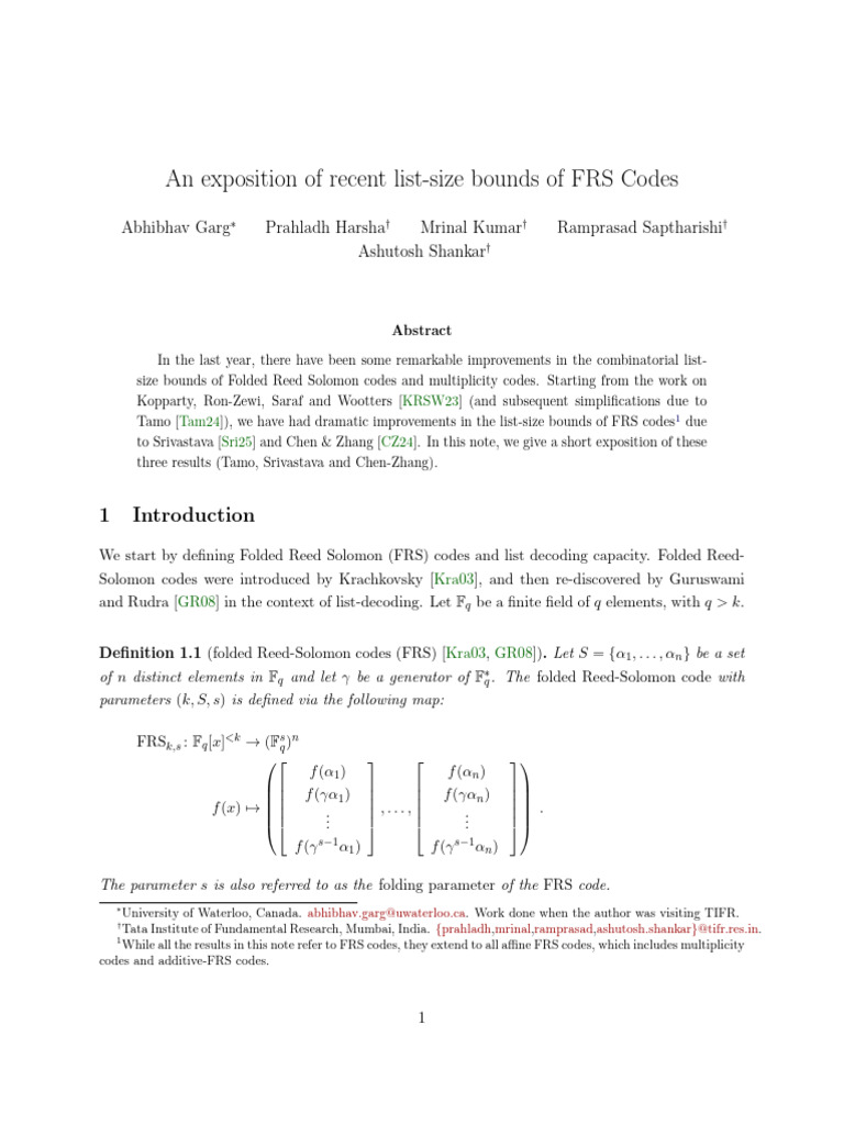 An Exposition of Recent List-Size Bounds of FRS Codes | PDF | Geometry ...