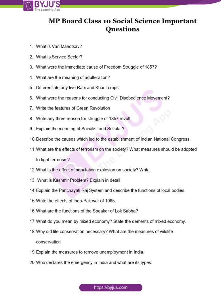 MP Board Class 10 Social Science Important Questions | PDF