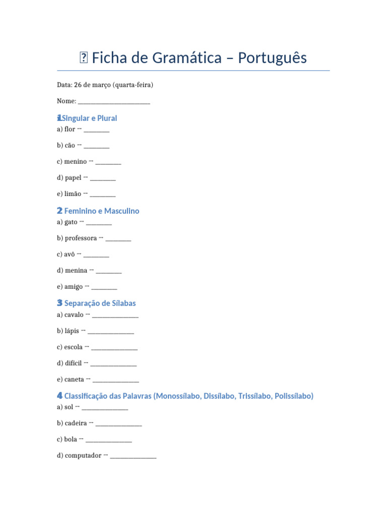 Ficha Gramatica Portugues 26 Marco | PDF