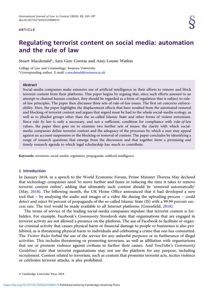 Regulating Terrorist Content On Social Media Automation and The Rule of ...