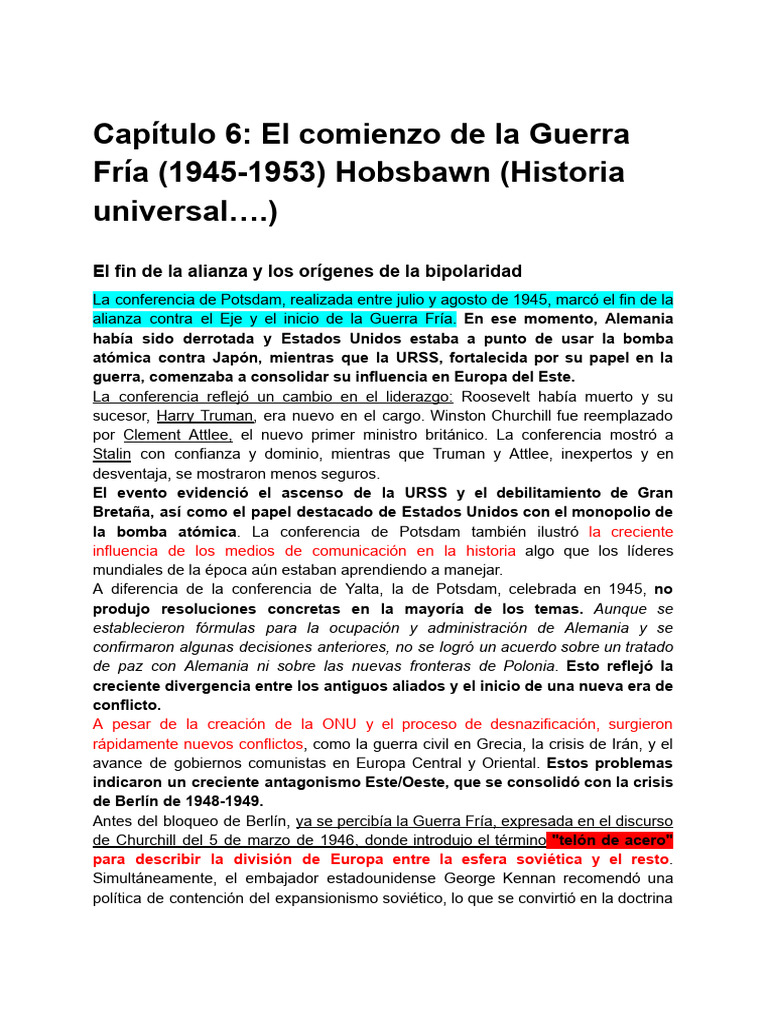 El Comienzo de La Guerra Fría (1945-1953) Hobsbawn (Historia Universal | PDF | Guerra Fría ...