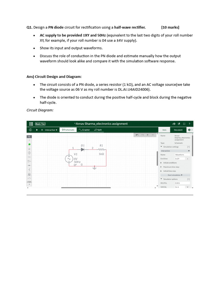 Arnav Sharma DL - ai.U4AID24006 Electronics Assignment | PDF | Rectifier | Electrical Breakdown