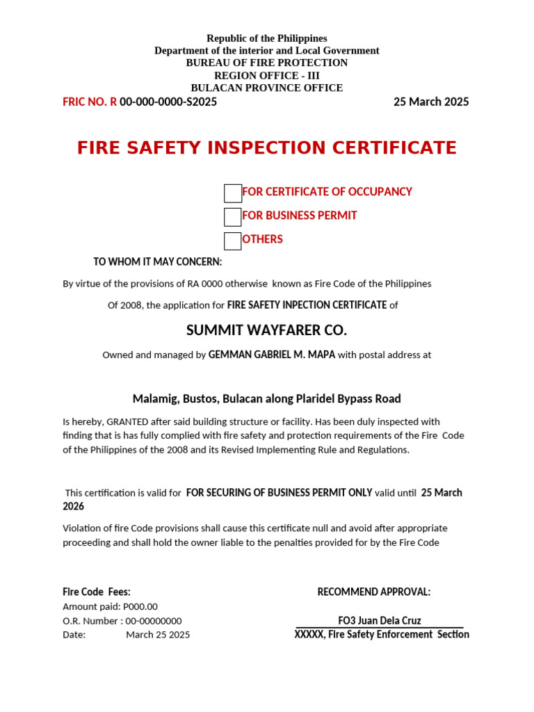 Fire Safety Inspection Certificate | PDF