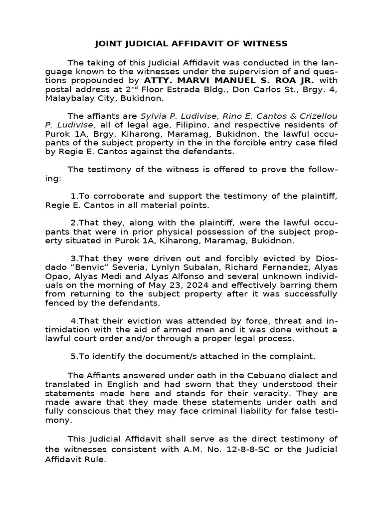 Joint Judicial Affidavit of Witness | PDF | Affidavit | Testimony