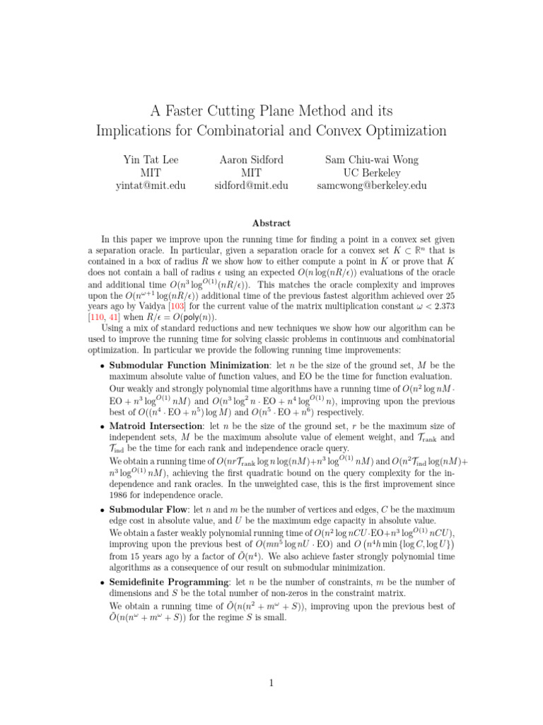 A Faster Cutting Plane Method and Its Implications For Combinatorial and Convex Optimization ...