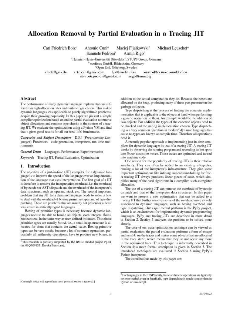 Allocation Removal by Partial Evaluation in A Tracing JIT - 2010 (Bolz-Allocation-Removal) | PDF ...