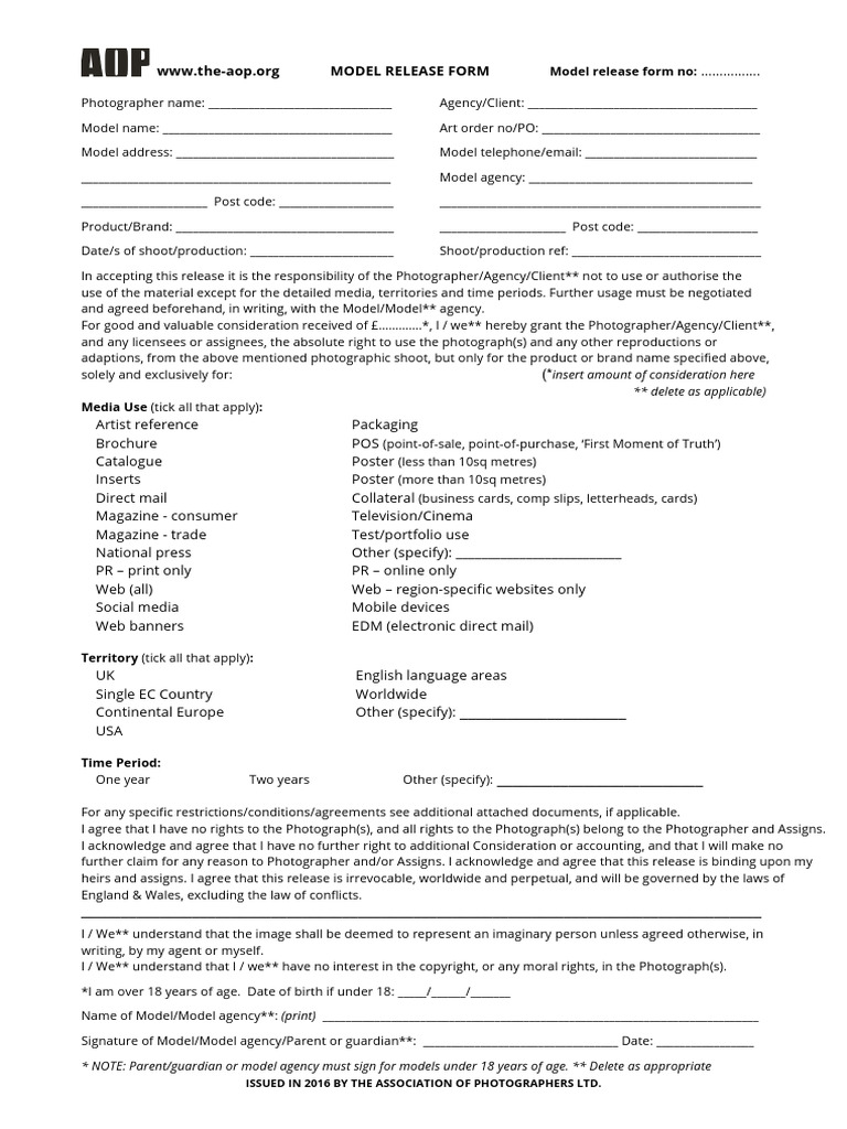 2016 AOP Model Release Form | PDF