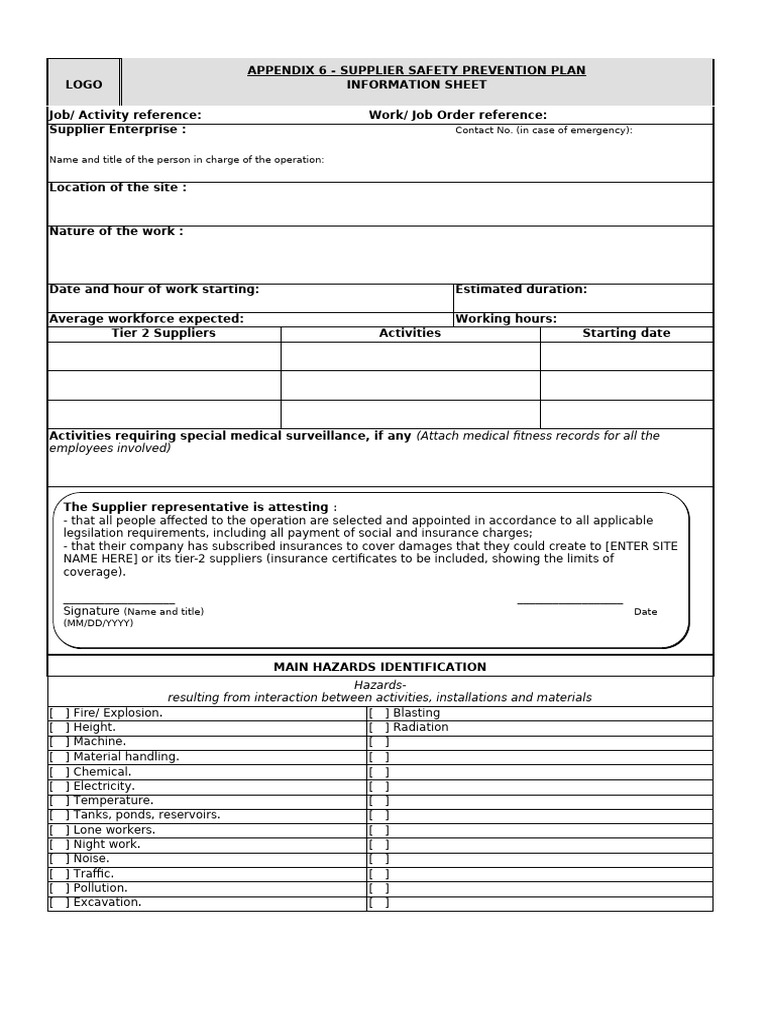 Appendix 6 - Supplier Safety Prevention Plan | PDF | Hazards | Safety