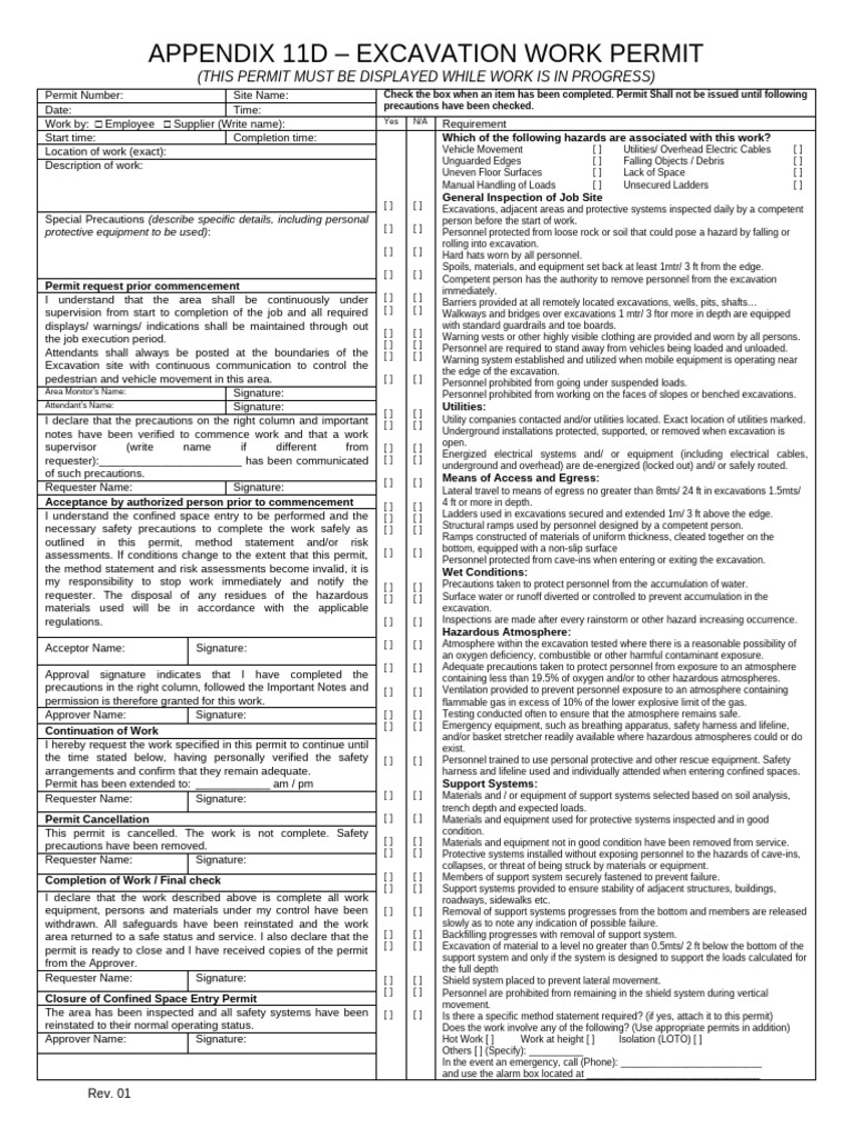 Appendix 11E - Excavation Work Permit | PDF | Occupational Safety And Health | Safety