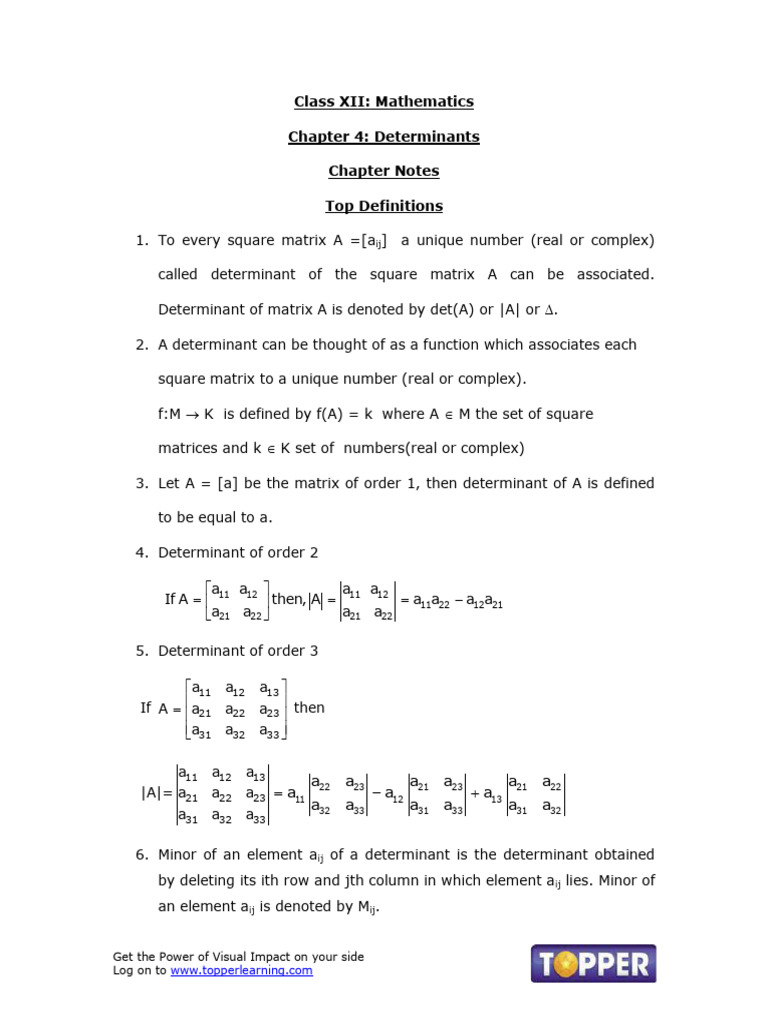 Class XII: Mathematics Chapter 4: Determinants Chapter Notes Top ...