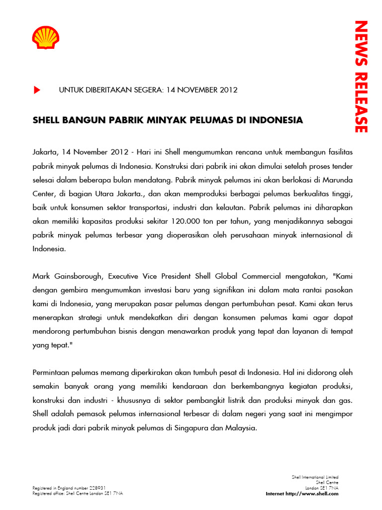 News Release Peresmian LOBP Lube Oil Blending Plant Shell Indonesia | PDF