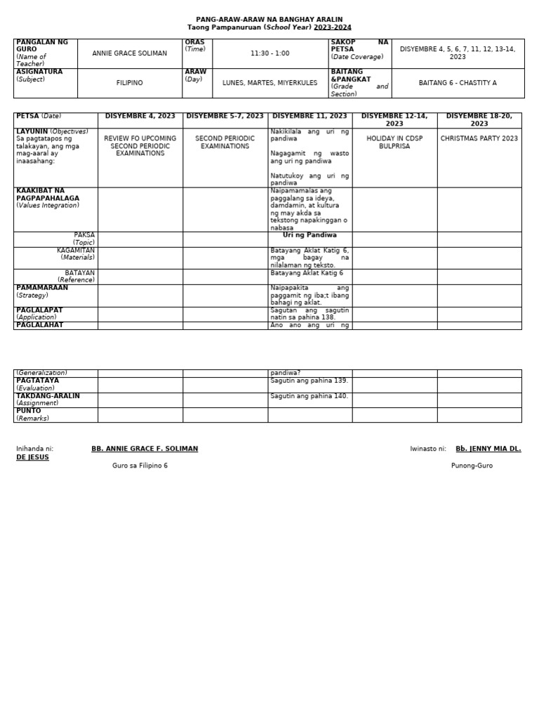 December Lesson Plan - All Subs | PDF