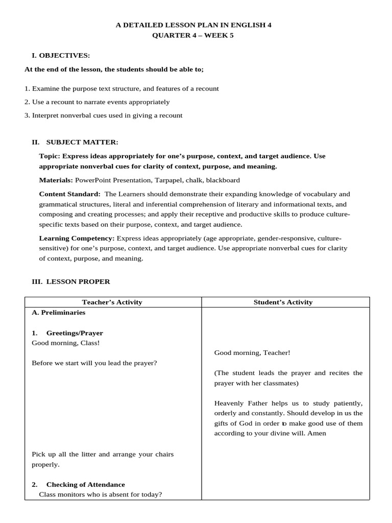 English 4 Lesson Plan: Recounts & Cues | PDF | Nonverbal Communication ...