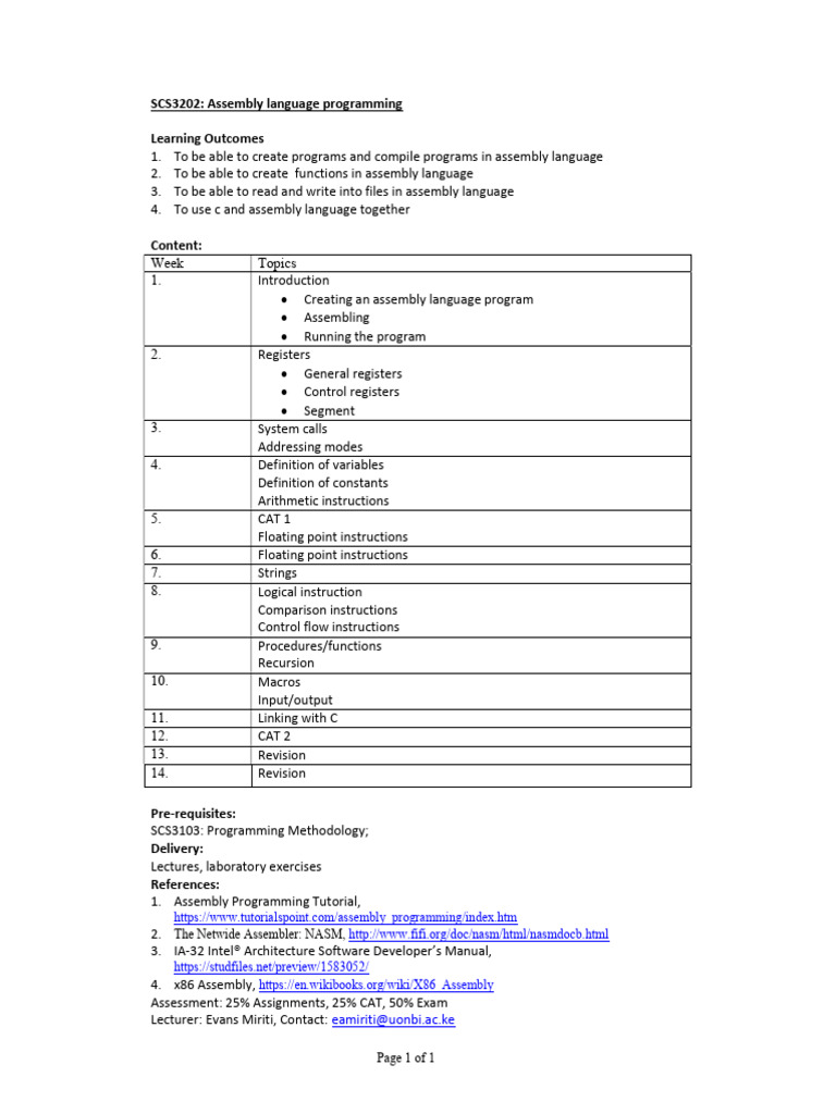 Assembly Language Programming course outline 2024 | PDF