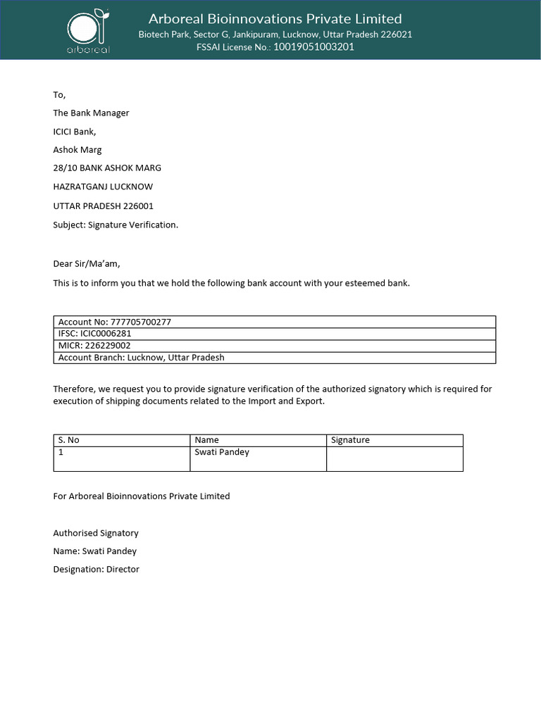 ICICI Bank Signature Verification Request | PDF