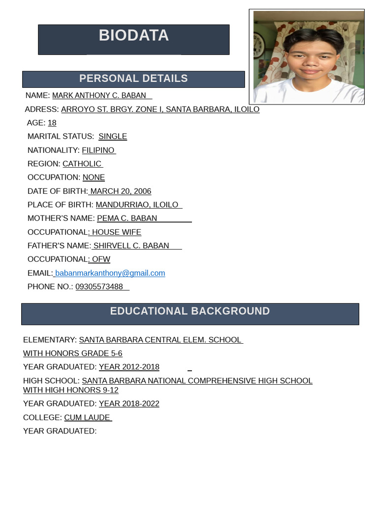 Mark Anthony C. Baban - Biodata | PDF
