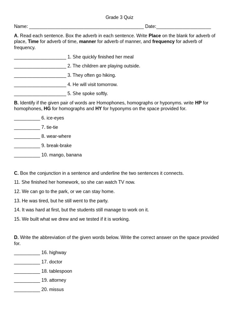 Grade 3 Quiz English | PDF
