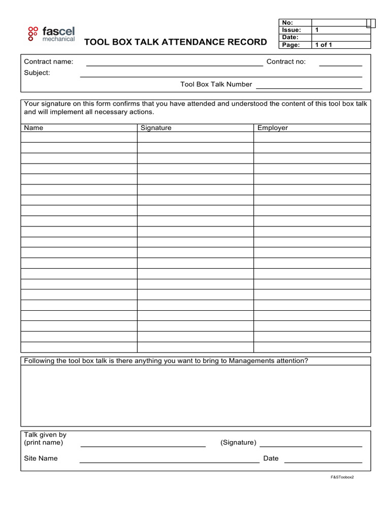 A29 Fascel Toolbox Talk Attendance Record | PDF