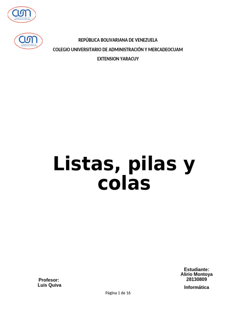 Alirio Montoya listas,pilas y colas | PDF | Cola (tipo de datos ...