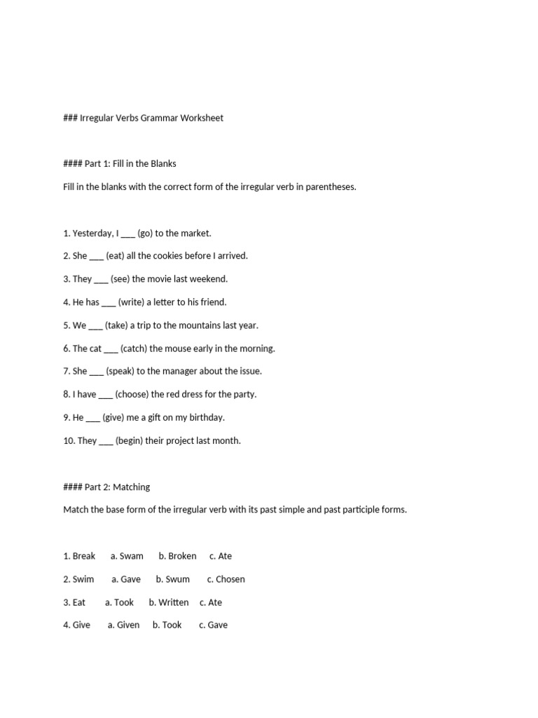 Irregular Verbs Worksheet for Students | PDF