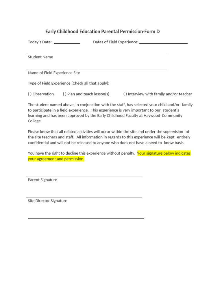 Form D Parent Permission Form | PDF