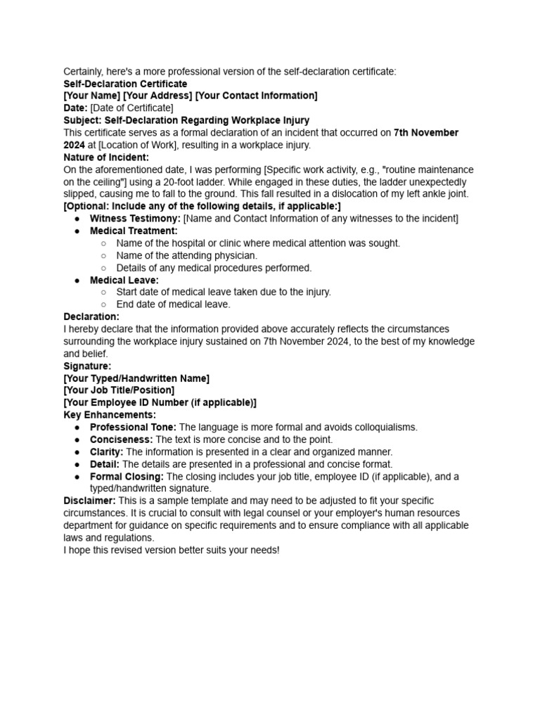 Workplace Injury Self-Declaration Template | PDF