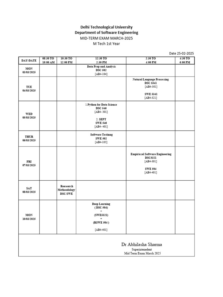 Time Table Mid Sem March 2025 SE DTU | PDF | Software Engineering | Computer Science