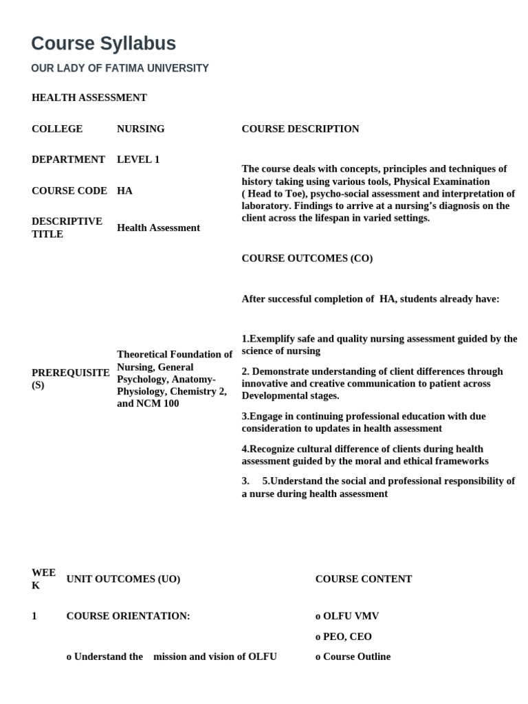Course Syllabus HEALTH ASSESSMENT | PDF | Physical Examination | Nursing