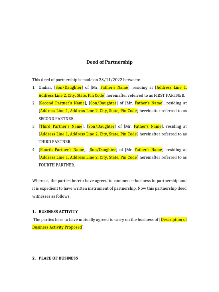 Partnership Deed Template | PDF | Partnership | Banks
