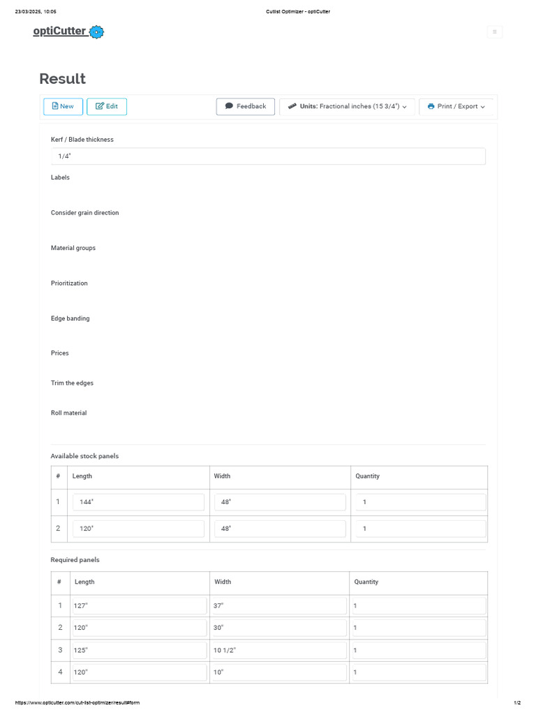 Cutlist Optimization Results - optiCutter | PDF