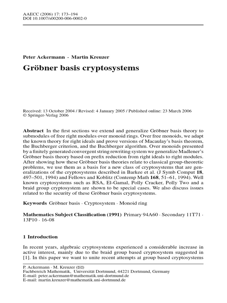 Gröbner Basis Cryptosystems - Peter Ackermann Martin Kreuzer | PDF | Ring (Mathematics) | Module ...