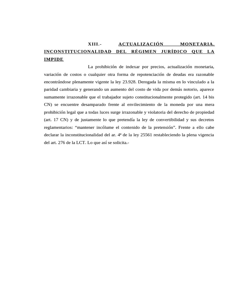Actualiz. Monetaria. Incost. Art. 4º L.25561 | PDF