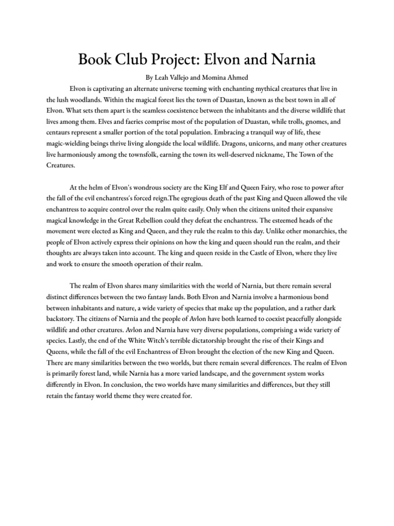 Book Club Project - Elvon and Narnia | PDF | The Chronicles Of Narnia ...