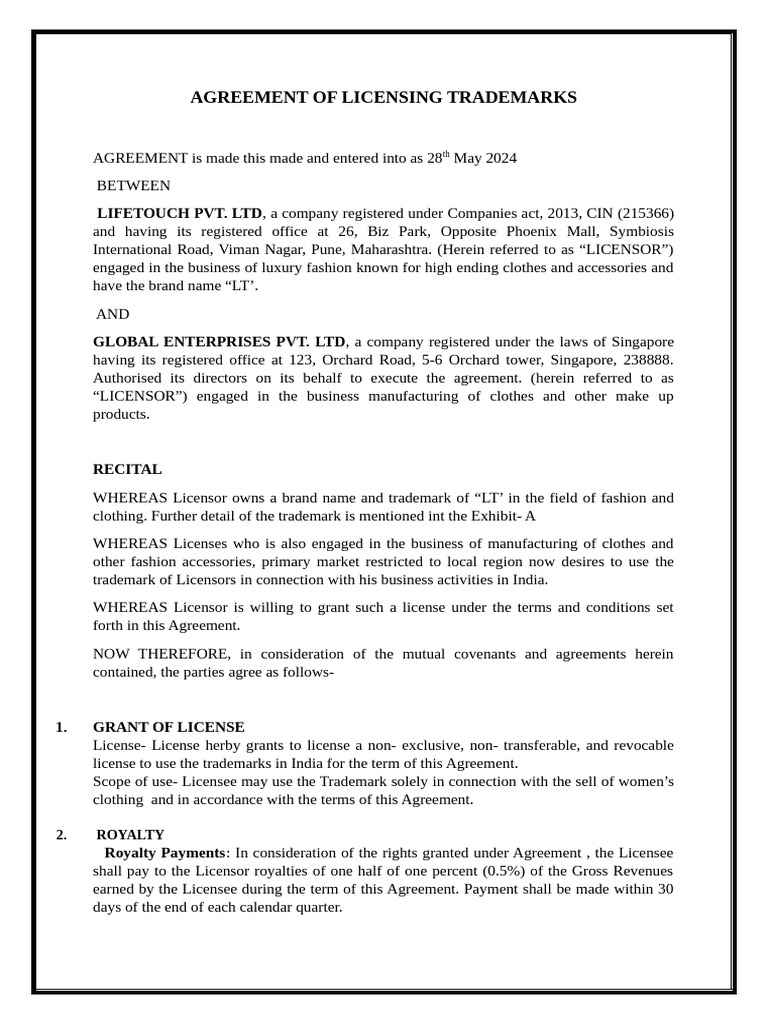 Agreement Regarding Licensing Trademarks | PDF | License | Royalty Payment
