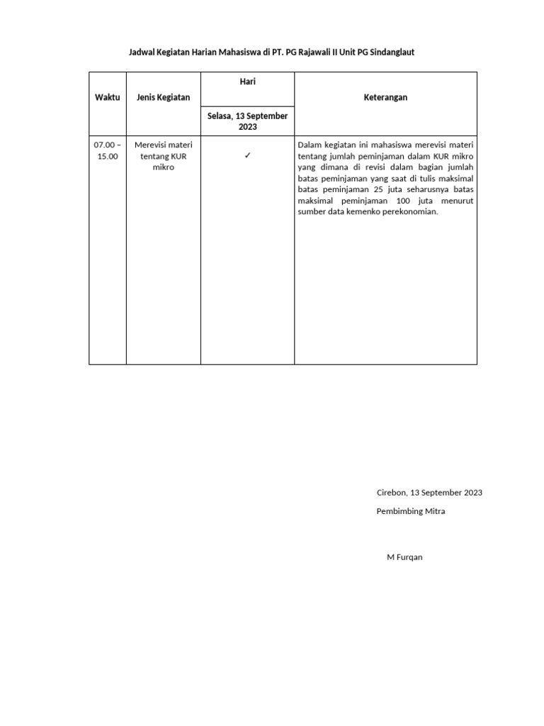 Laporan Harian Kegiatan PPL Di PT. PG Rajawali II Unit Sindang Laut ( Selasa, 13-09-23) | PDF