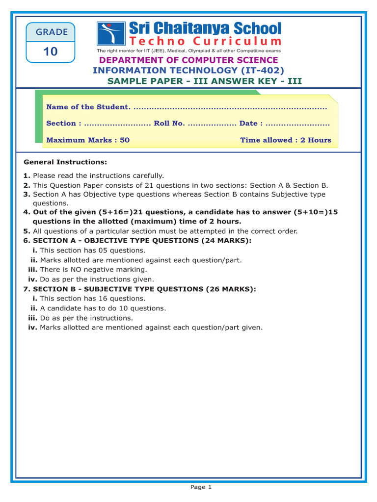 Grade 10 IT-Practice Sample Paper 3 KEY | PDF | Relational Model | Database Index