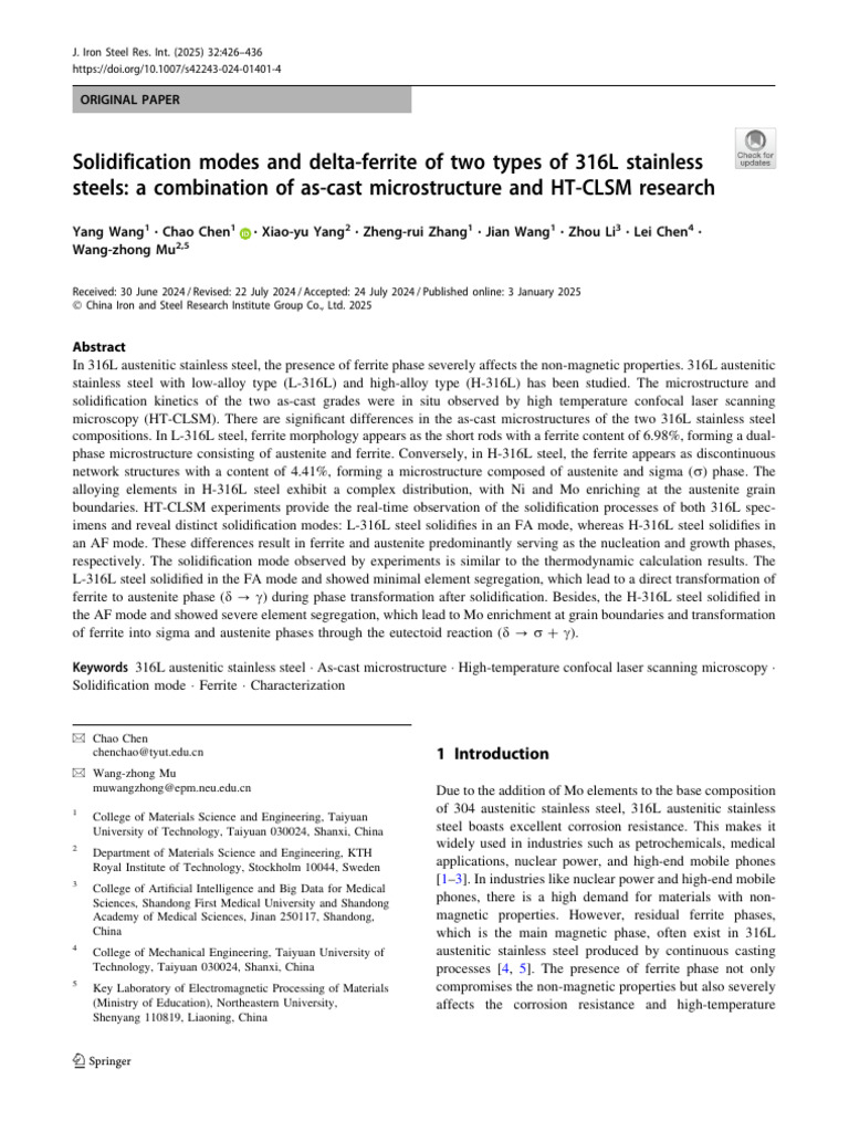 Solidification Modes and Delt-Ferrite of Two Types of 316L SUS - Q1 (21 ...