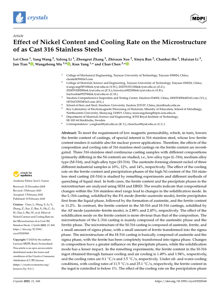 Effect of Nickel Content and cooling rate on the microstructure of as Cast 316 SUS _Q2(29% ...
