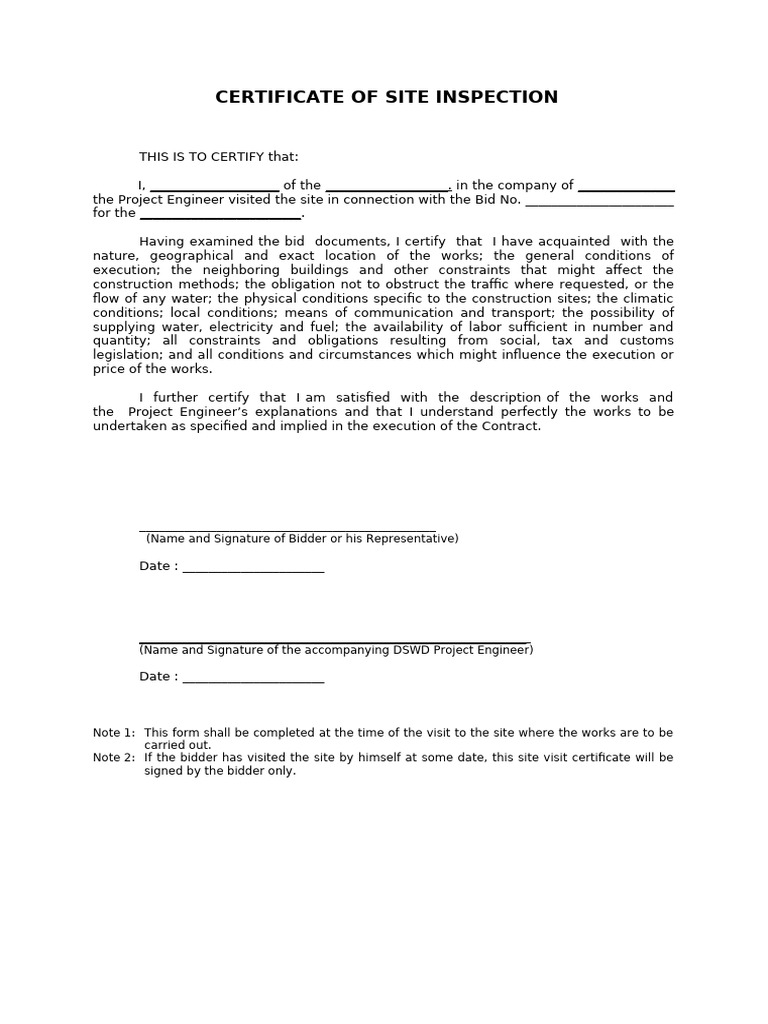 Site Inspection Certificate Template | PDF