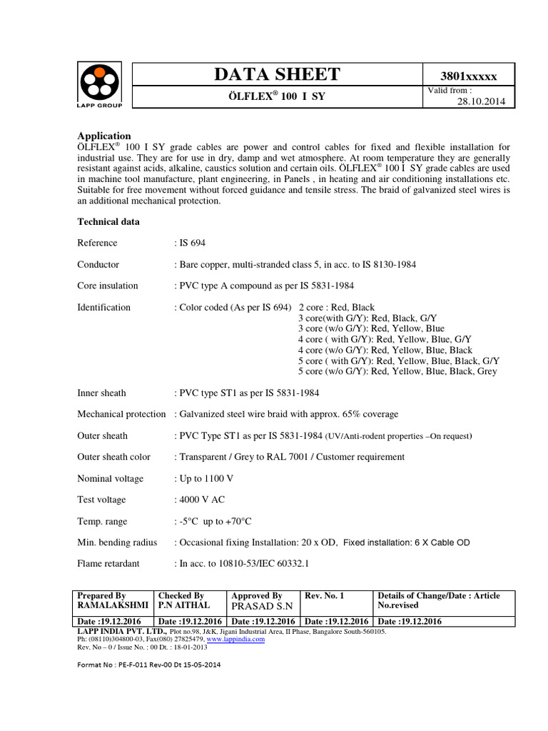 Data Sheet For Olflex 100 I SY | PDF | Wire | Polyvinyl Chloride
