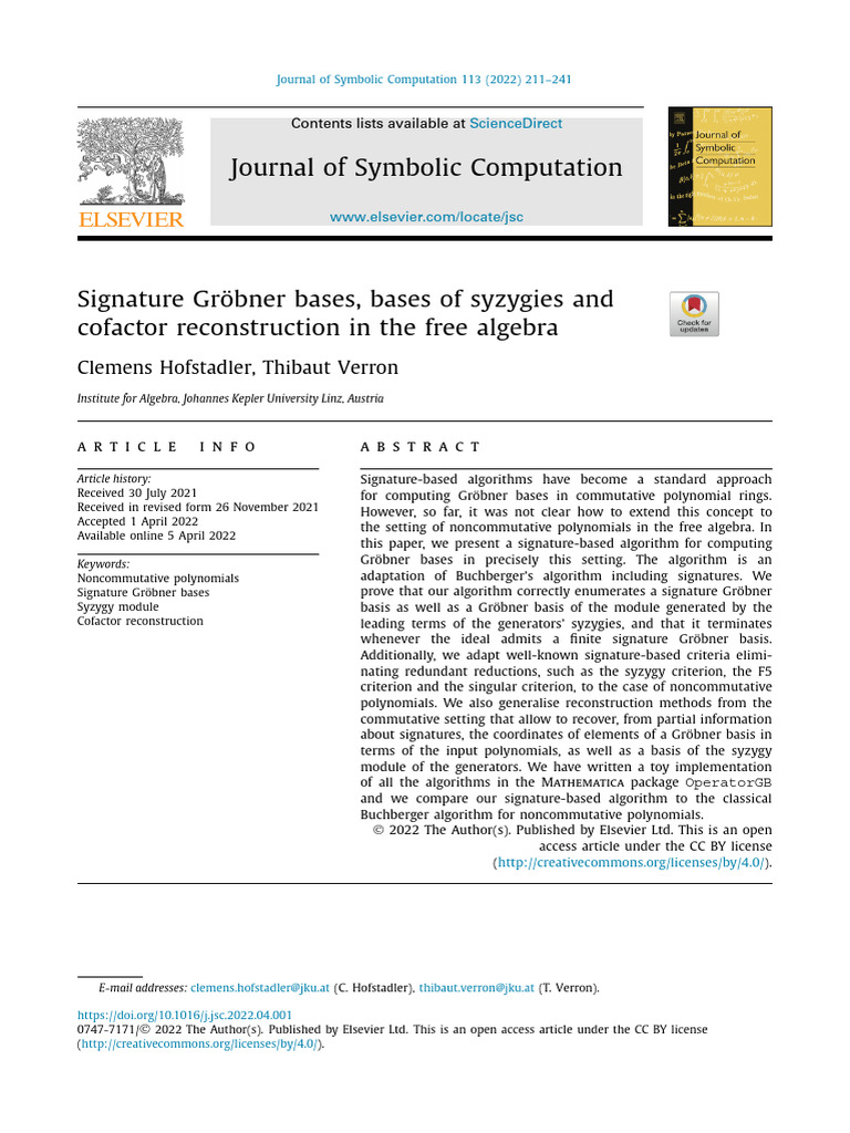 Signature Gröbner Bases, Bases of Syzygies and Cofactor Reconstruction in The Free Algebra | PDF ...