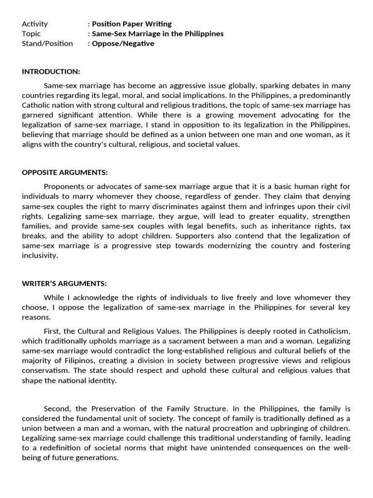 Sample Position Paper 1 PJ | PDF | Marriage | Same Sex Marriage