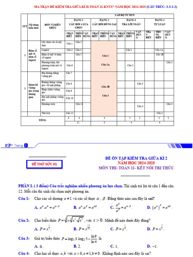 10 de Giua Hoc Ki 2 Toan 11 Ket Noi Tri Thuc Voi Cuoc Song Nam 2024 2025 | PDF