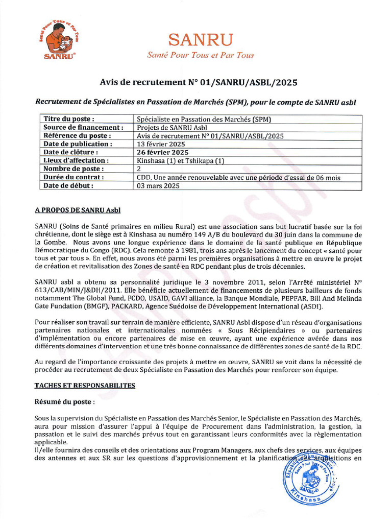 Responsable Passation Des Marches Sanru Asbl | PDF