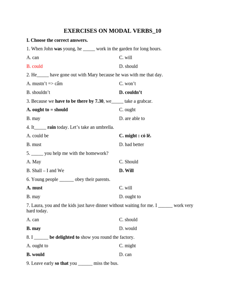 Modal Verbs Exercises for Class 10 | PDF