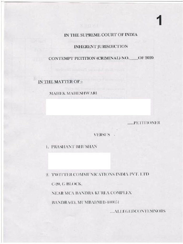 Contempt Petition Criminal - Mahek Maheshwari vs. Prashant Bhushan | PDF