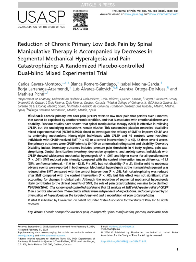 Reduction of Chronic Primary Low Back Pain by Spinal Manipulative ...