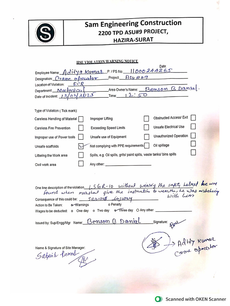 Hse Violation Warning - Aditya Kumar (Crane Operator) | PDF